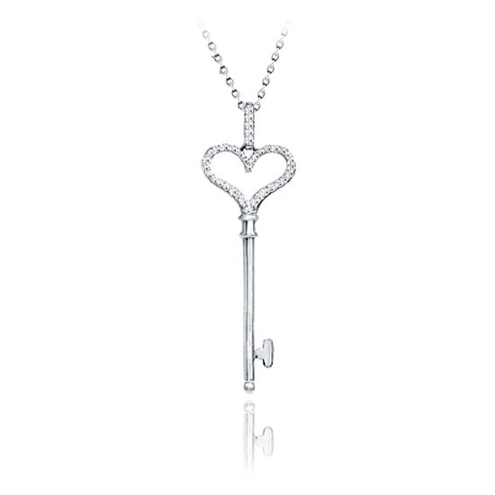 Sterling Silver Diamond Heart Key Necklace